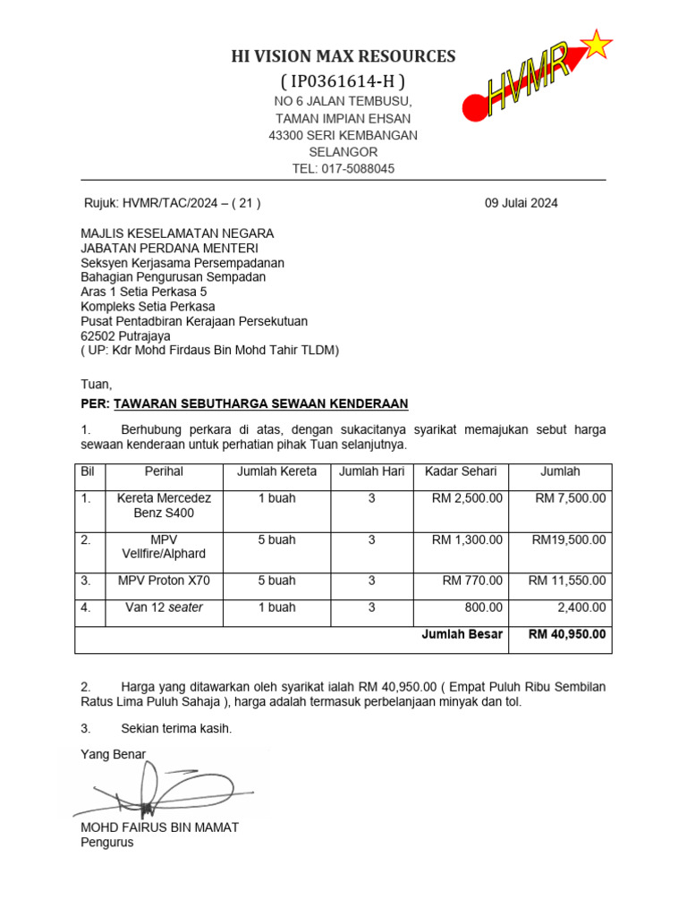 HI VISION MAX RESOURCES SH sewaan kenderaan Julai 2024 | PDF HI VISION MAX RESOURCES SH sewaan kenderaan Julai 2024 | PDF