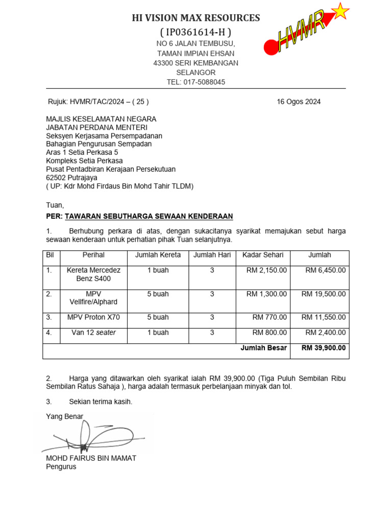 Tawaran Sebutharga Sewaan Kenderaan 16 Ogos 2024 | PDF