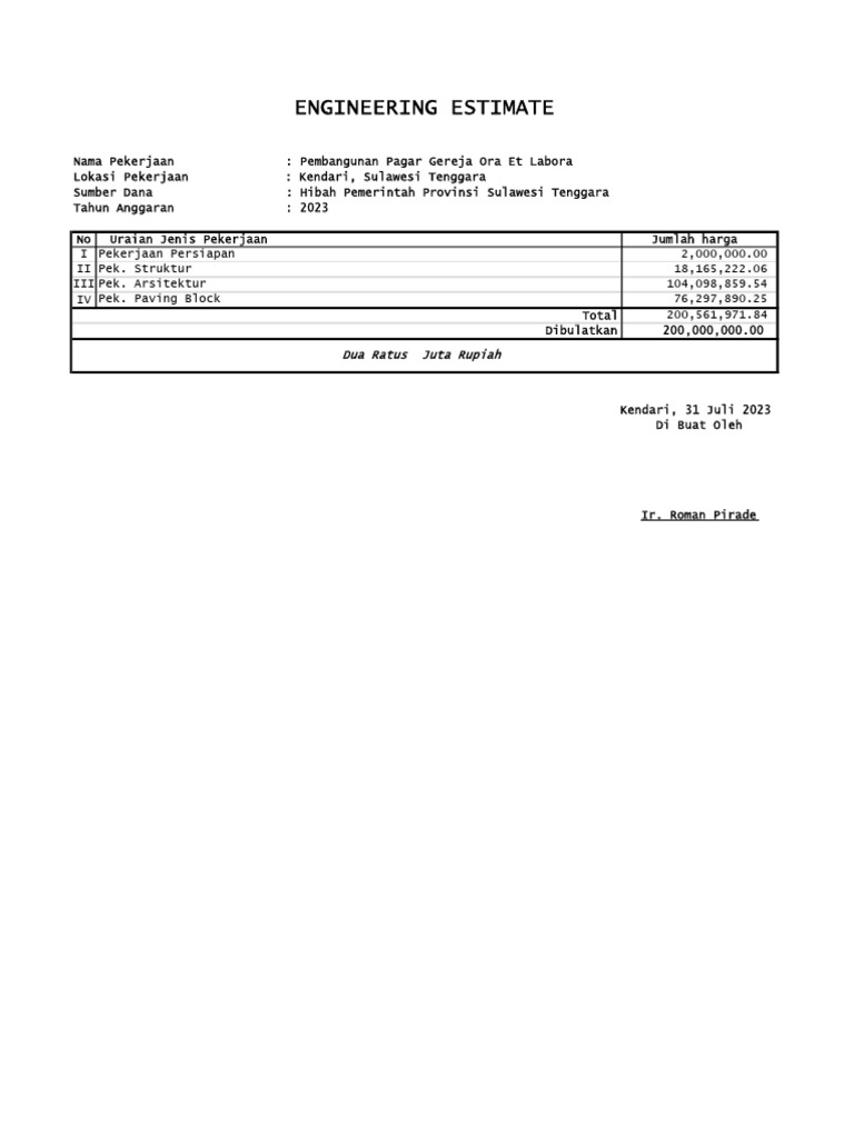 Engineering Estimate: Dua Ratus Juta Rupiah | PDF