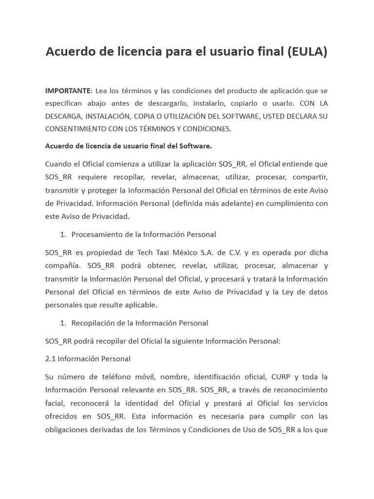Acuerdo de Licencia para El Usuario Final (EULA) SOS - RR | PDF
