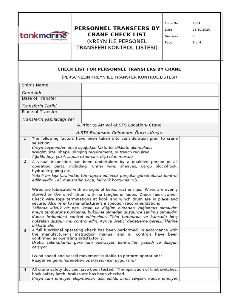 Appendix B.5 - 2804 - Personnel Transfer by Crane Check List | PDF