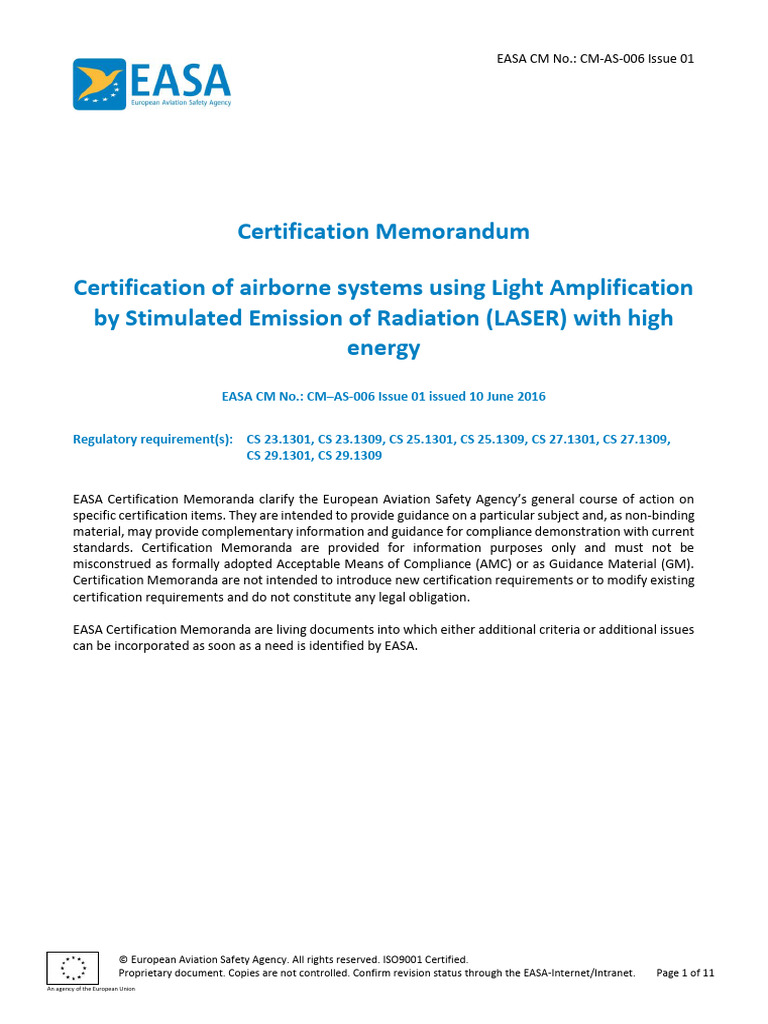 EASA CM-AS-006 Issue 01 - Certification of Airborne Systems Using LASER With High Energy | PDF