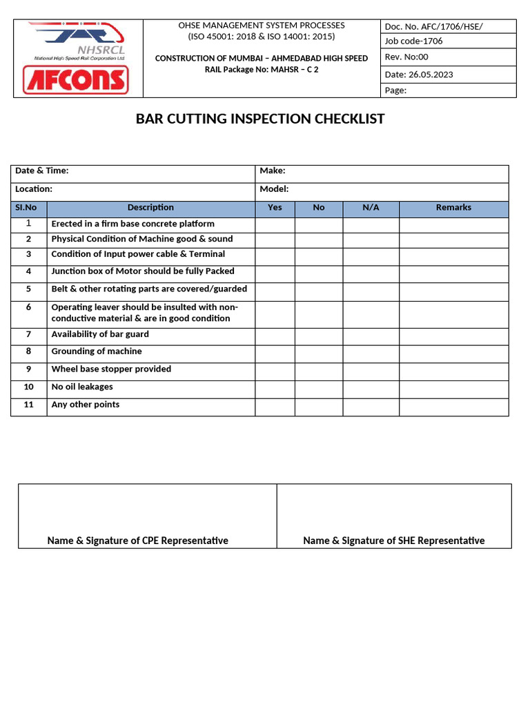 Bar Cutting Machine Checklist | PDF