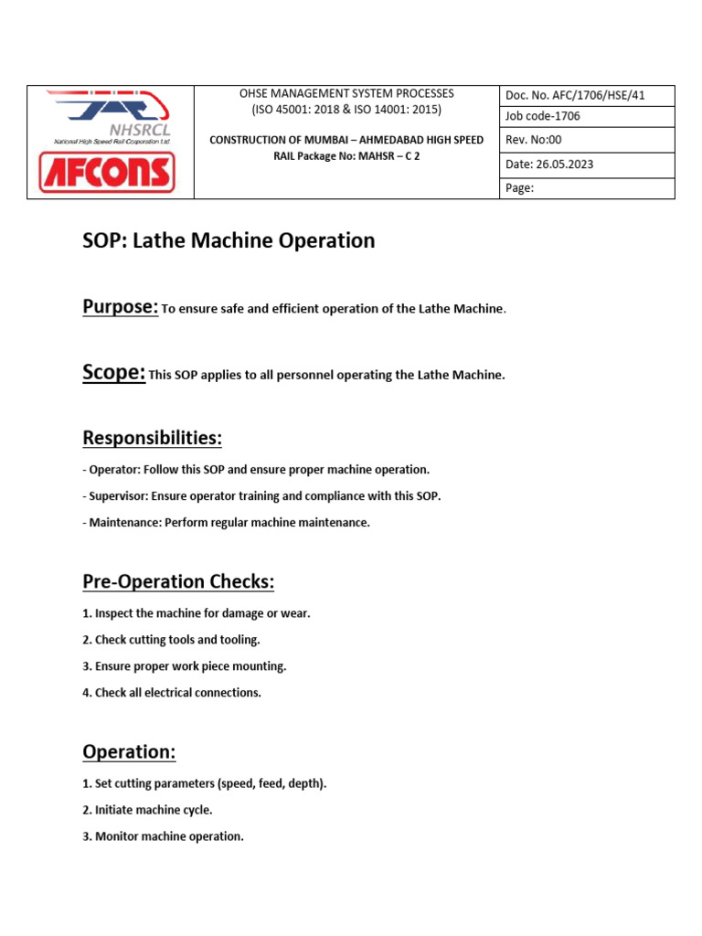 SOP For Lathe Machine | PDF