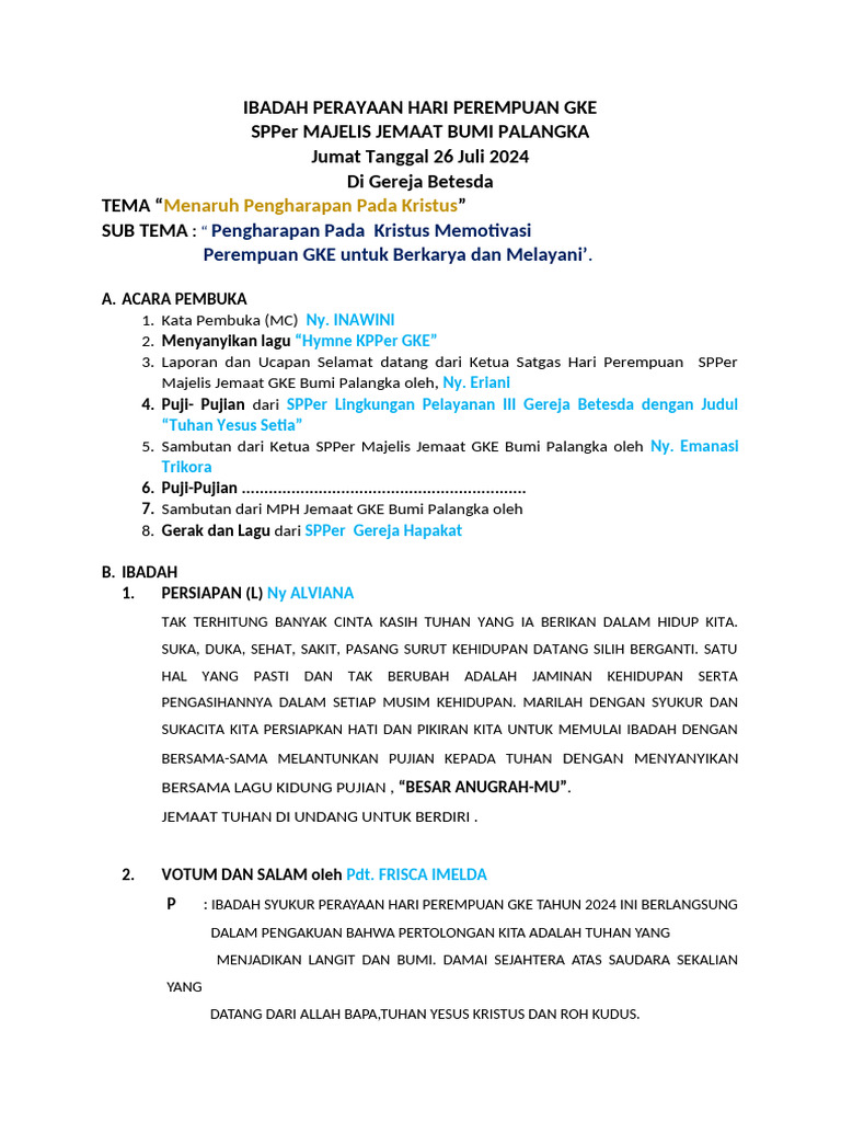 IBADAH PERAYAAN HARI PEREMPUAN GKE 2024 - Fix Ok | PDF