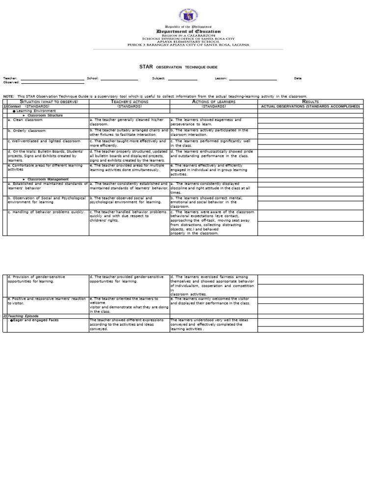 STAR Observation Technique | PDF | Learning | Educational Assessment