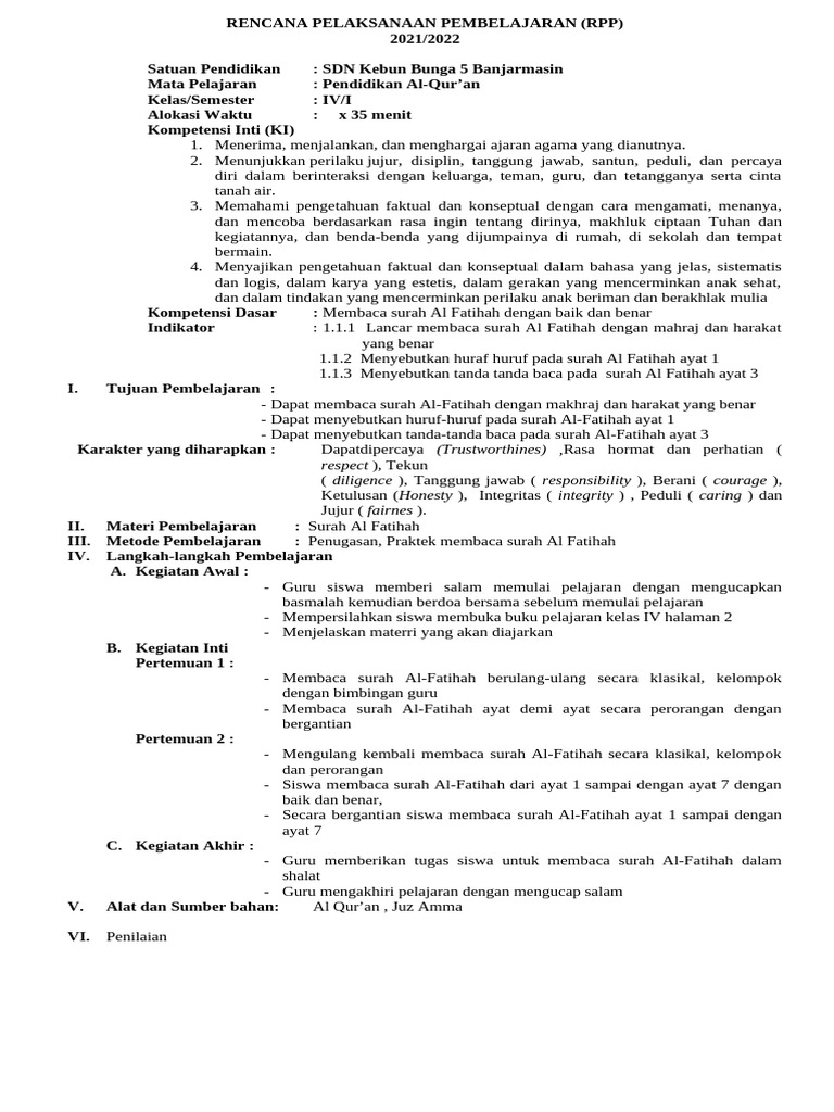 RPP Kelas 4 Bta 2021-2022 | PDF