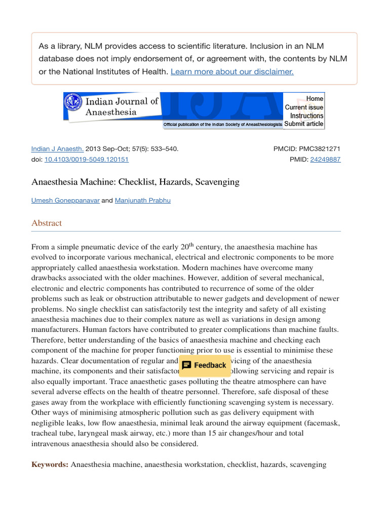Anaesthesia Machine - Checklist, Hazards, Scavenging - PMC | PDF