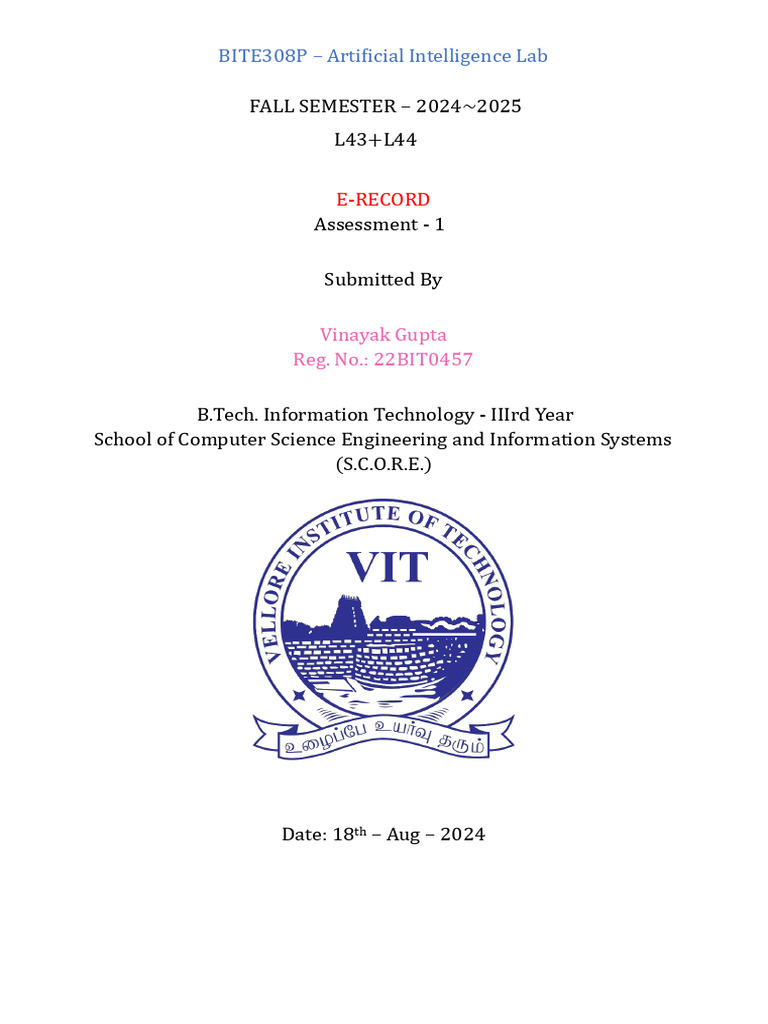 FALL SEMESTER - 2024 2025 L43+L44: BITE308P - Artificial Intelligence Lab | PDF
