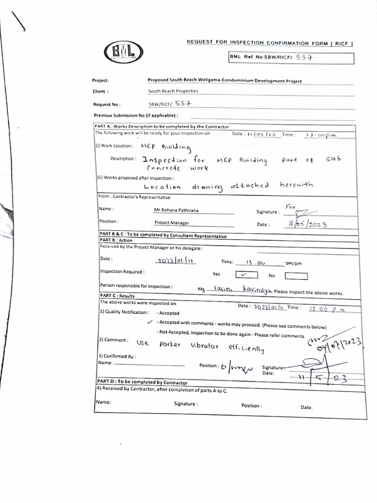 SBW-RICF-557-1 Inspection For MEP Building Part 01 Slab Concrete Work ...