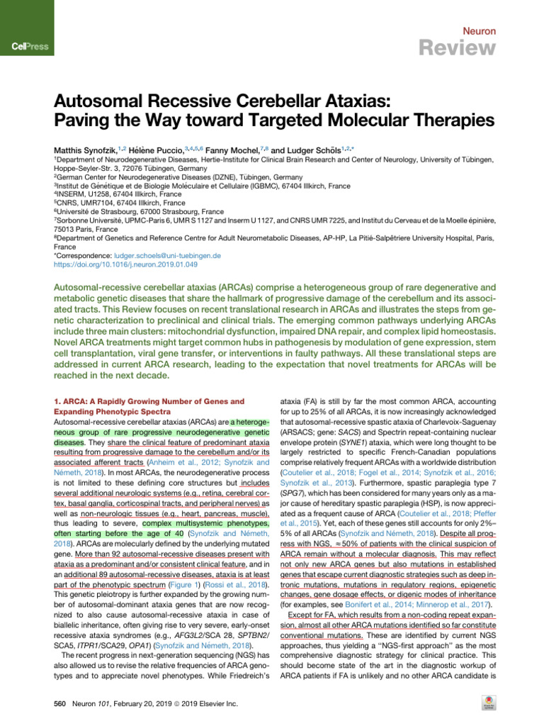 Autosomal Recessive Cerebellar Ataxias - Neuron Review | PDF