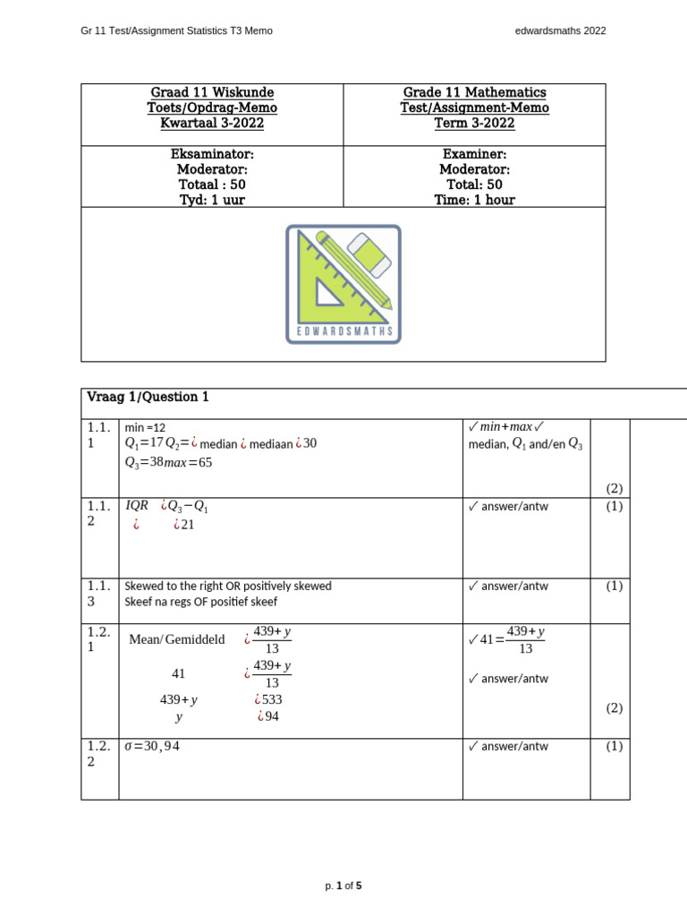 Gr 11 Statistics Test Memo T3 2022 | PDF | Mathematics | Statistical ...