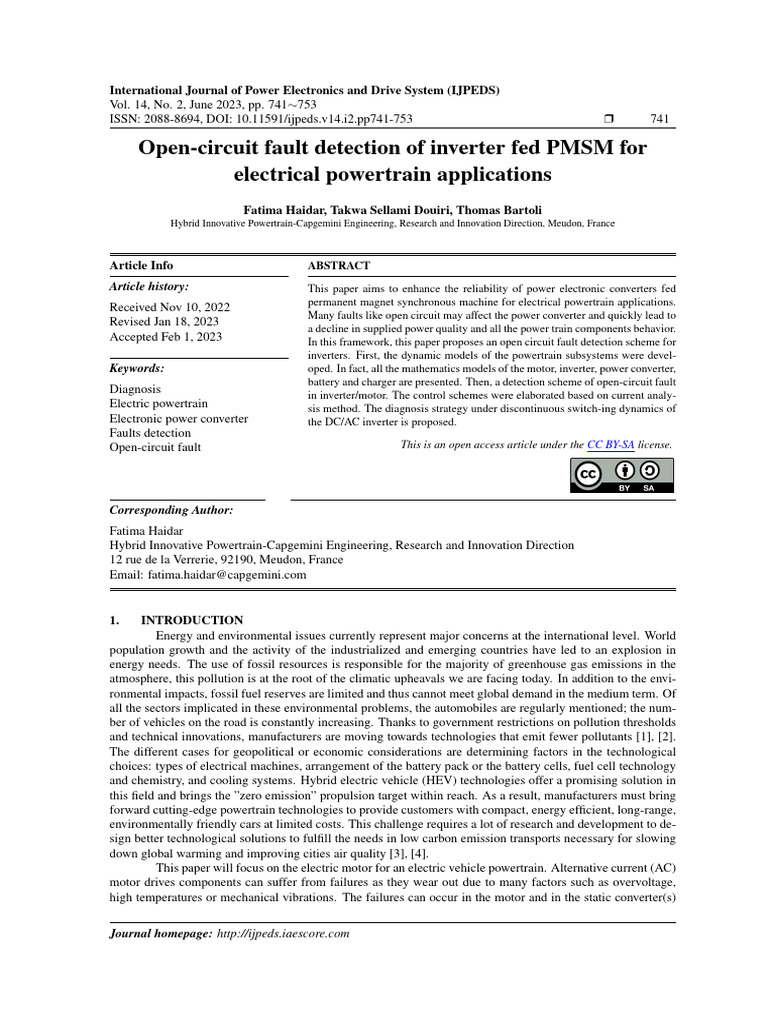 Open Circuit Fault Detection Of Inverter Fed Pmsm For Electrical Powertrain Applications Pdf