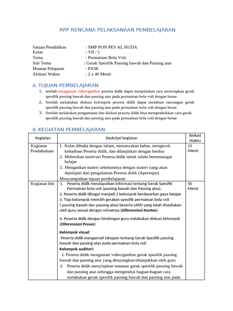 RPP Pjok Kelas Vii | PDF
