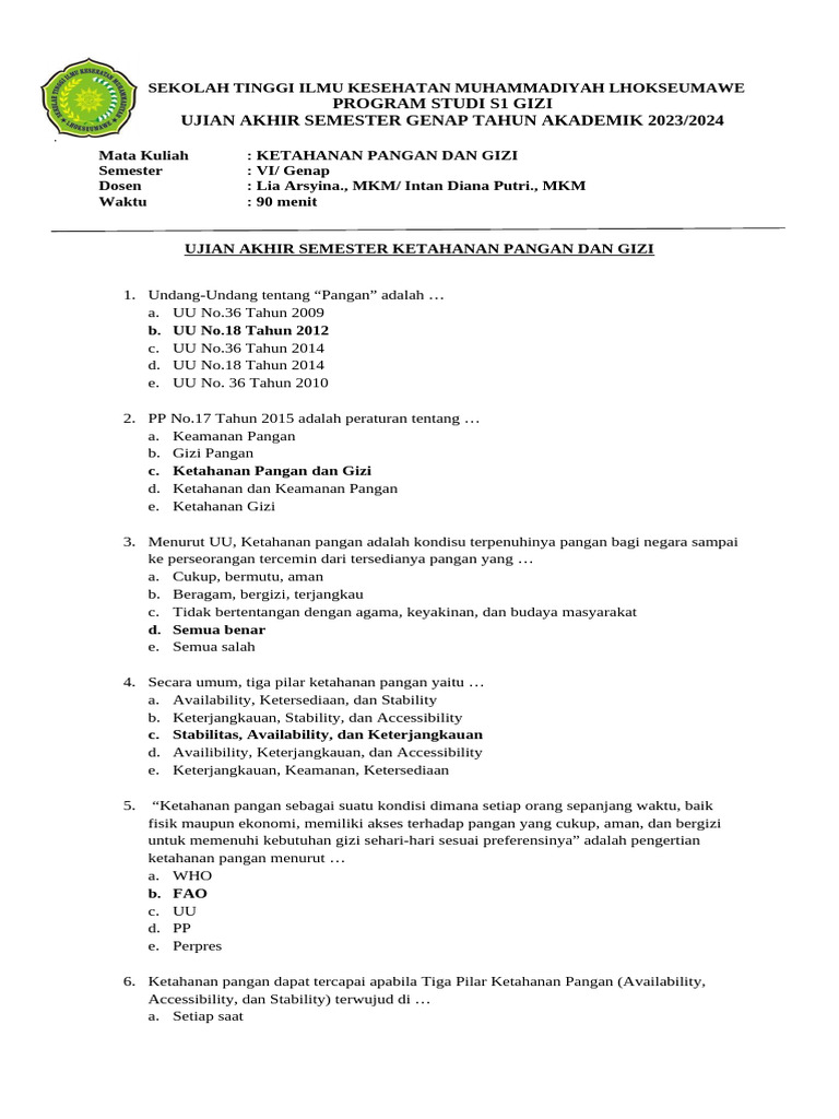 Soal Ketahanan Pangan Dan Gizi | PDF | Sains & Matematika | Teknologi & Rekayasa