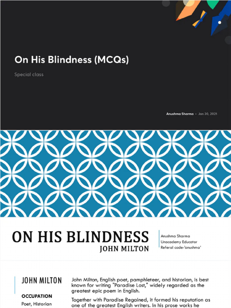 On His Blindness MCQs | PDF