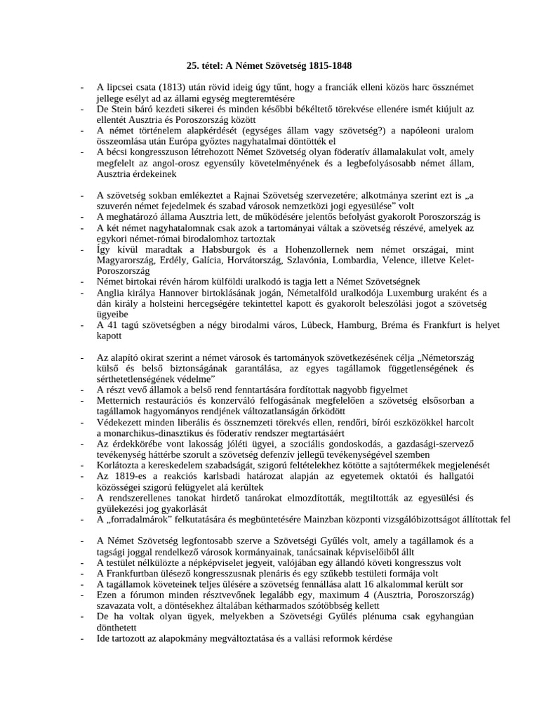 Tétel - A Német Szövetség 1815-1848 | PDF