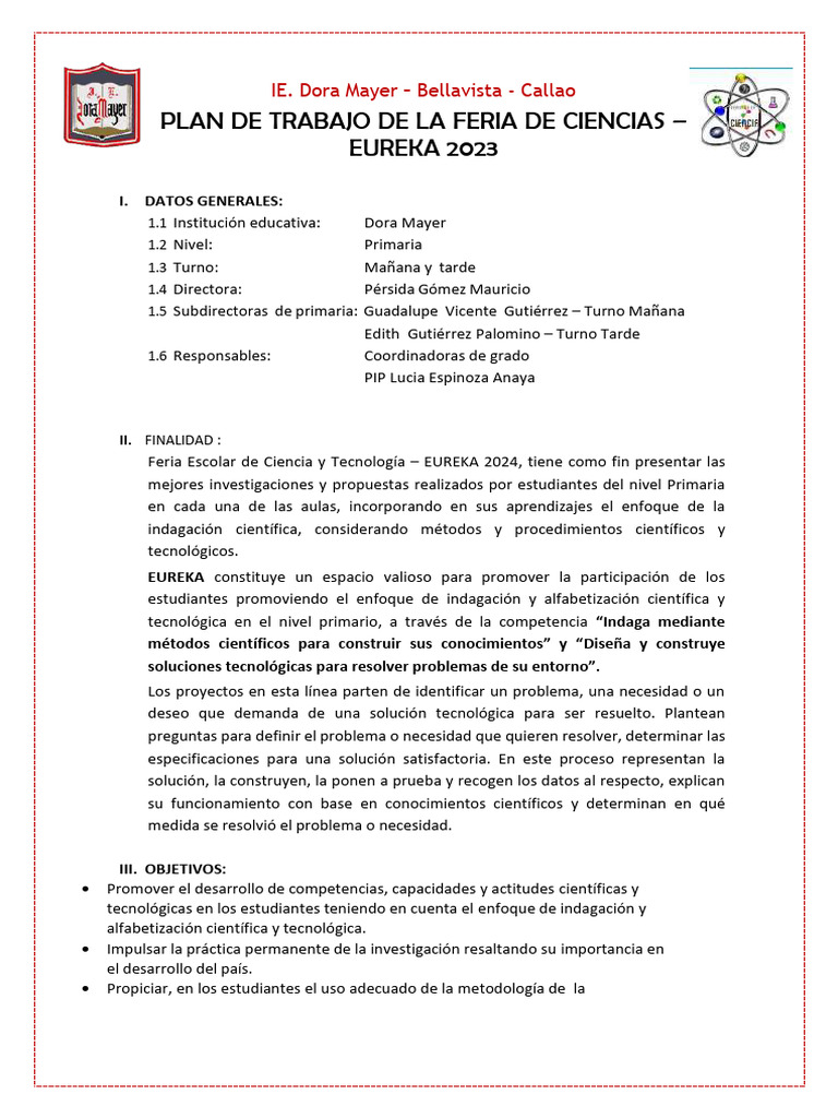 Plan de Trabajo Feria de Ciencia 2024 - Borrador 8 - Agosto | PDF Plan de Trabajo Feria de Ciencia 2024 - Borrador 8 - Agosto | PDF