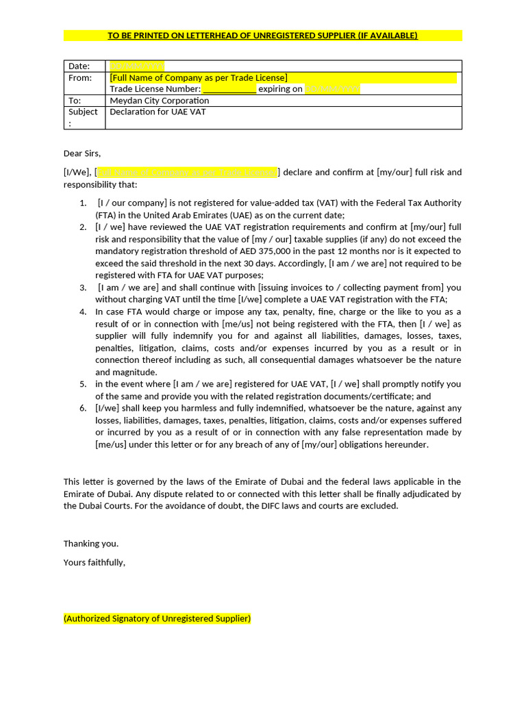 Declaration Template From Unregistered Supplier VAT. | PDF
