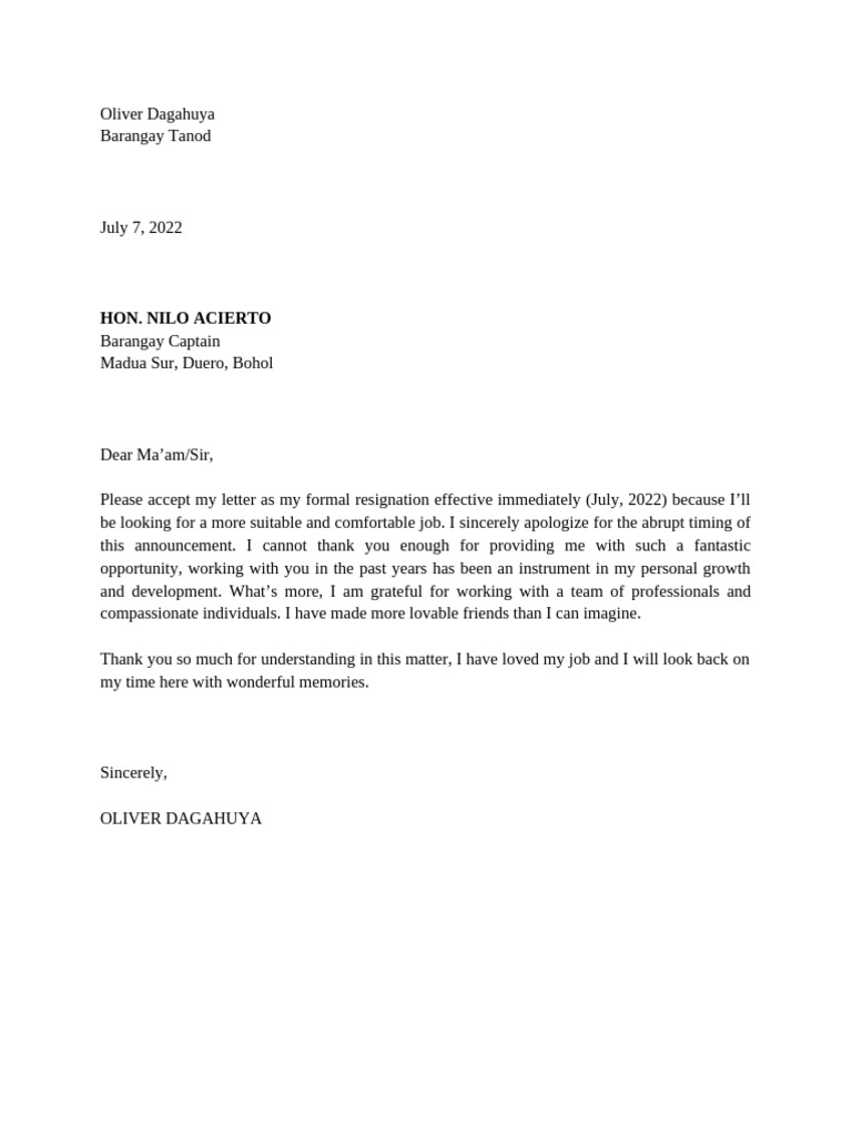 Resignation Letter Tanod | PDF