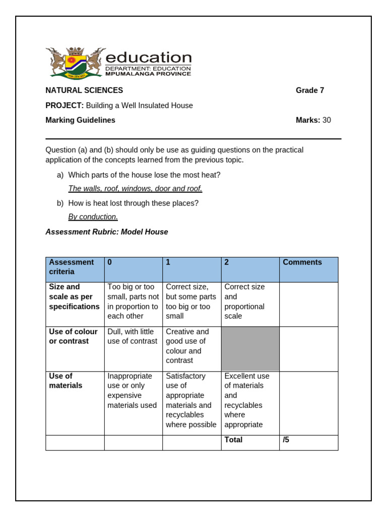 Grade 7 Project Marking Guidelines Building a Well Insulated House | PDF