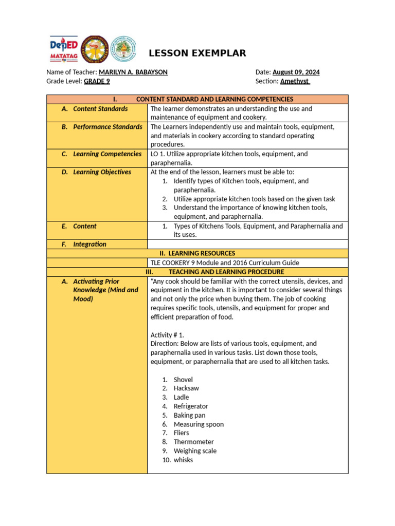 Grade 9 Cookery q1, Day 7 | PDF