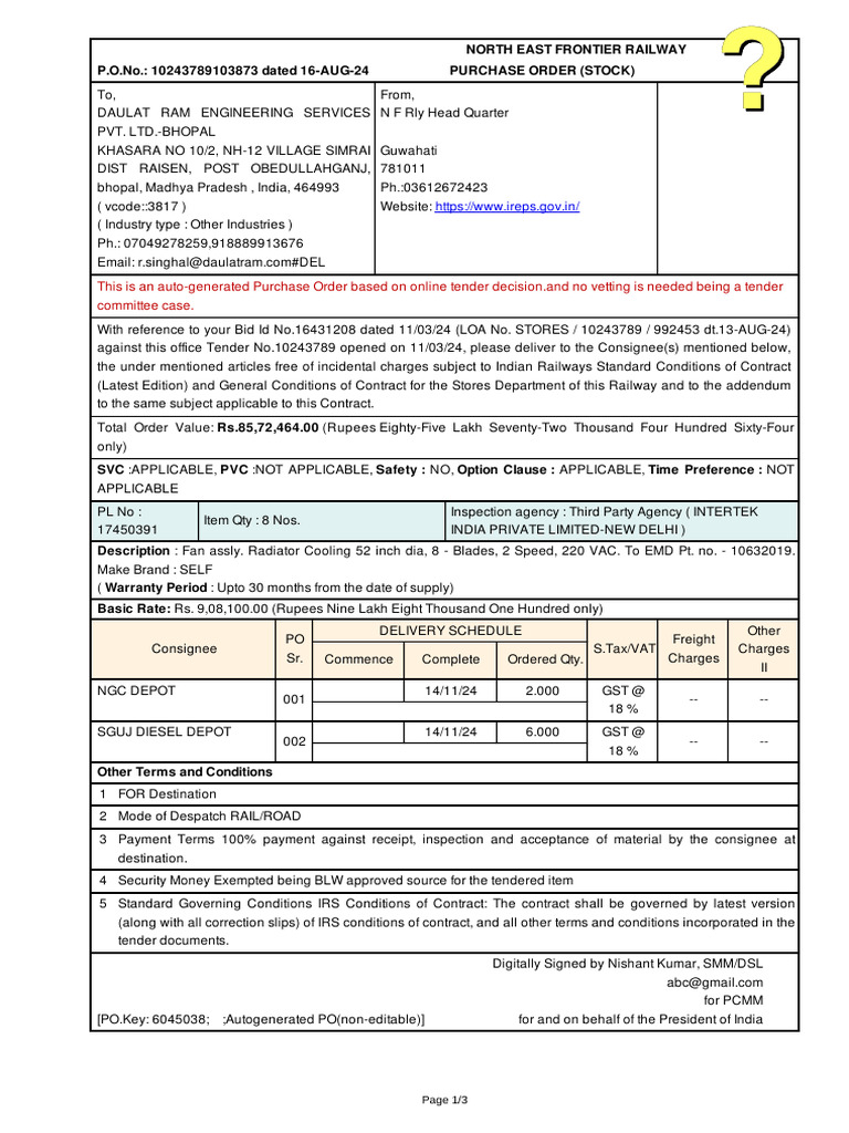 This Is An Auto-Generated Purchase Order Based On Online Tender ...