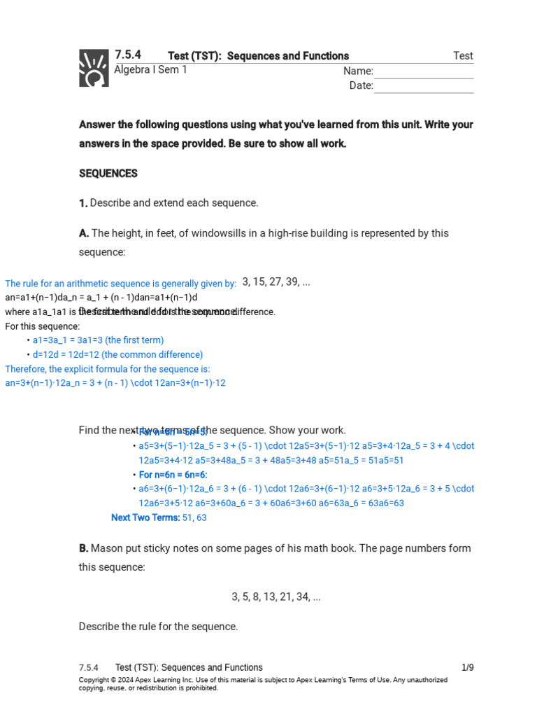 - 7.5.4 Test (TST) - Sequences and Functions (Test) | PDF