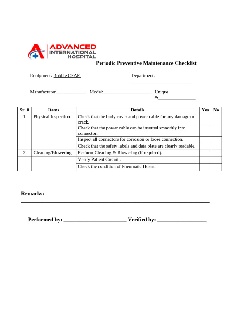 Bubble CPAP PPM Checklist | PDF