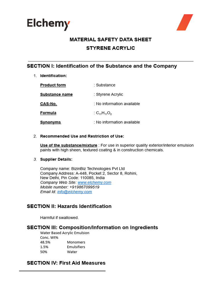 Styrene Acrylic Emulsion Safety Data Sheet | PDF | Personal Protective ...
