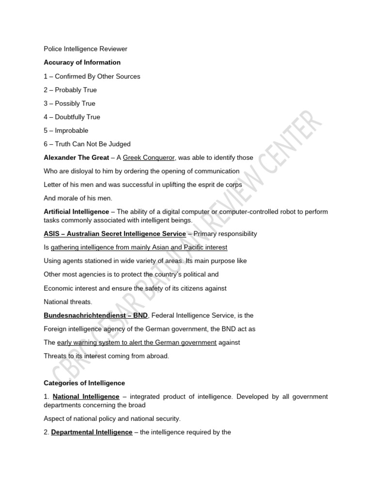 Police Intelligence Reviewer | PDF | Counterintelligence | Military ...
