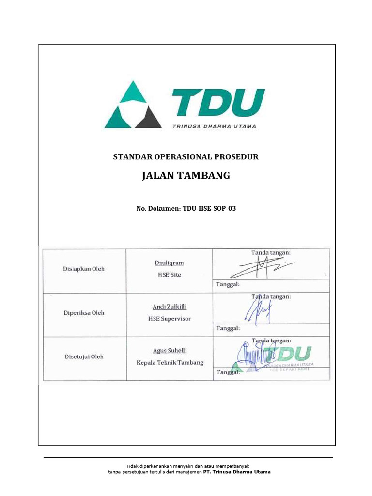 TDU-HSE-SOP-03- Jalan tambang | PDF