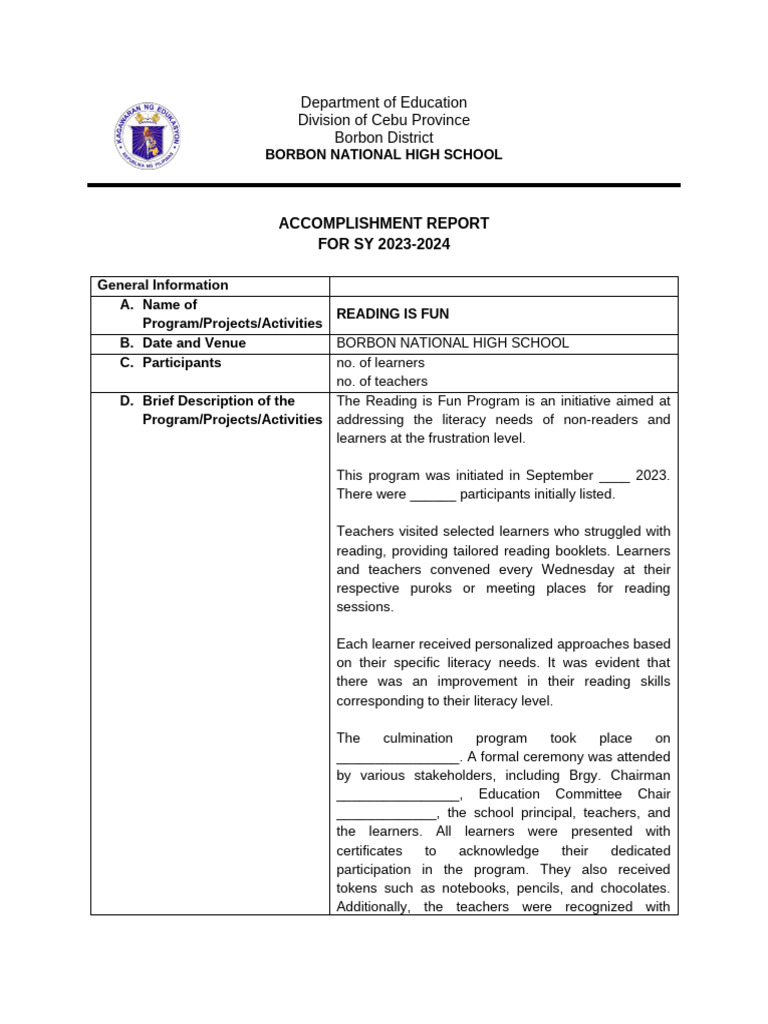 Remedial Reading Accomplishment Report Sample | PDF