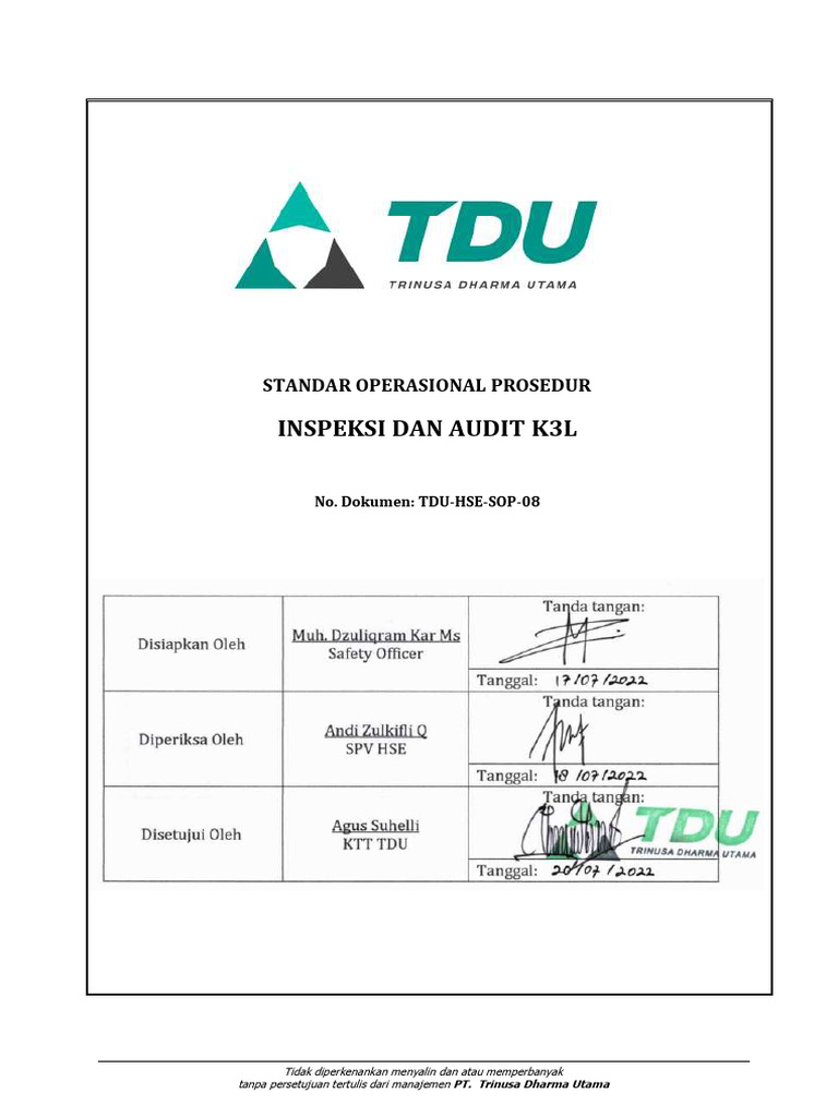 TDU-HSE-SOP-08 Inspeksi Dan Audit K3L | PDF