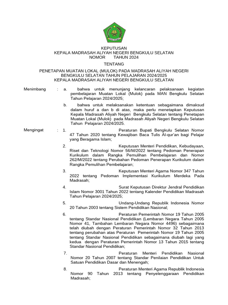 SK Penetapan Muatan Lokal (Iqra) 2024-2025 | PDF