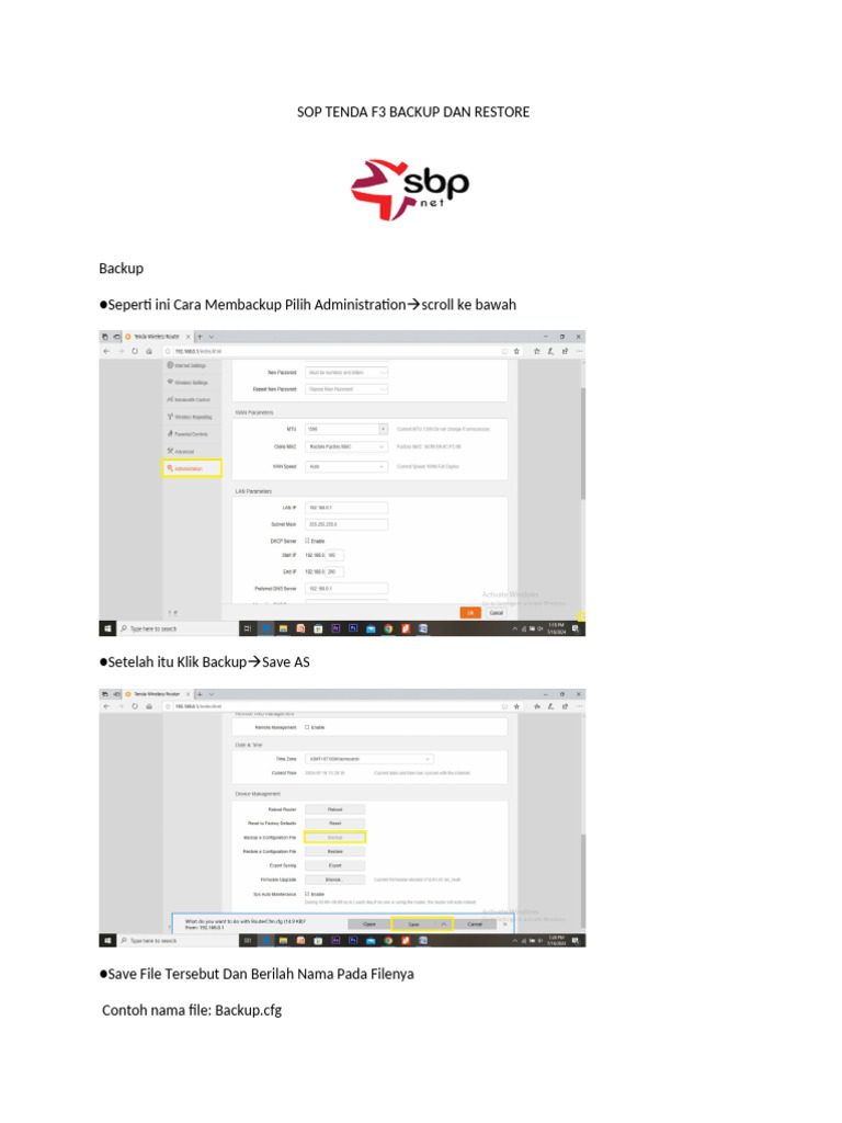 SOP TENDA F3 BACKUP DAN RESTORE | PDF