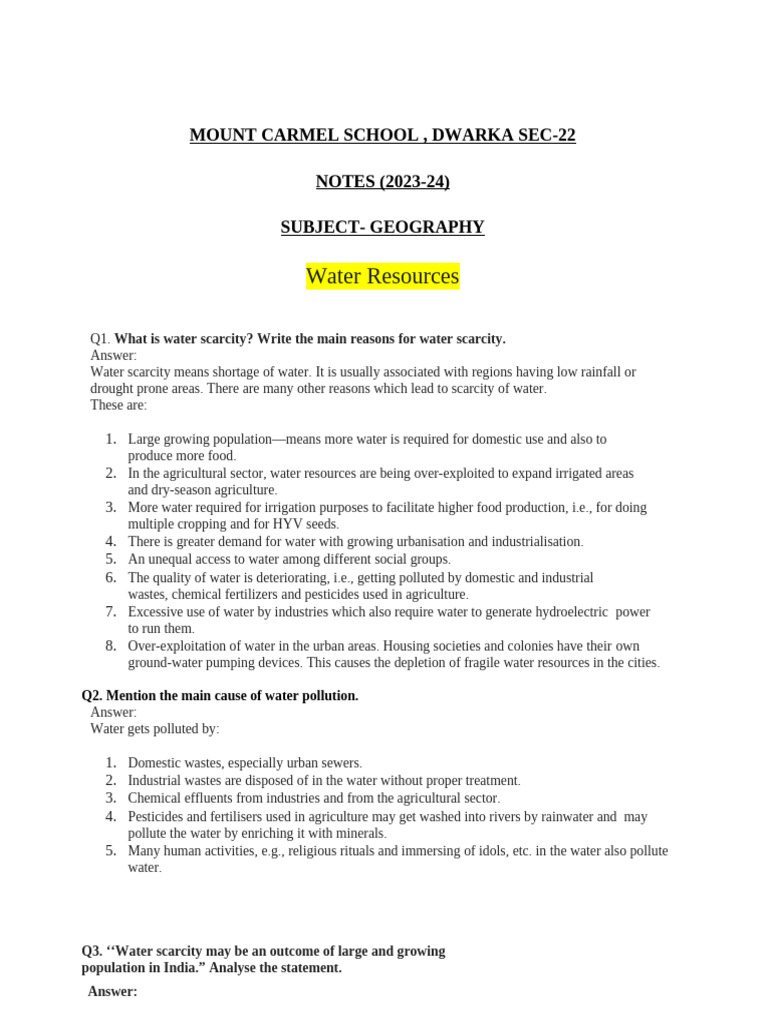 G10 Notebook Work G10 CH-3 (Water Resources) | PDF