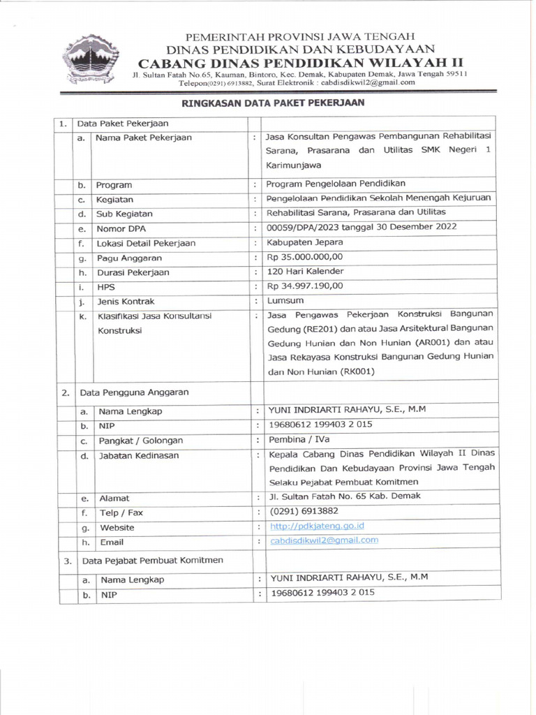 ringkasan data paket pekerjaan pengawasan rehab karimun | PDF