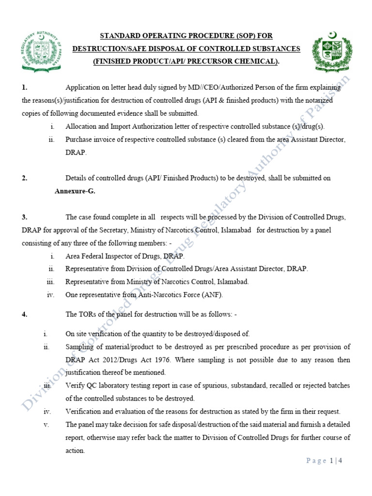 SOP For Destrcution of Controlled Substances. | PDF