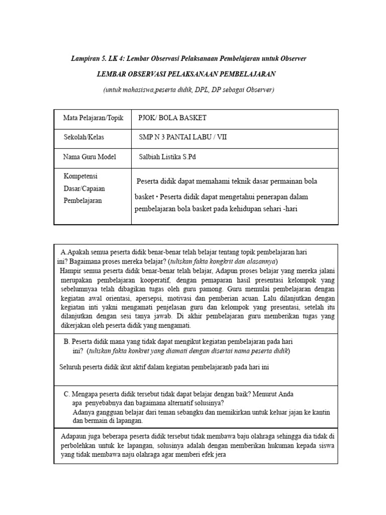 01.05.6-B4-13 Unggah LK 4 - Lembar Observasi Pembelajaran Observer - Siklus 4 | PDF