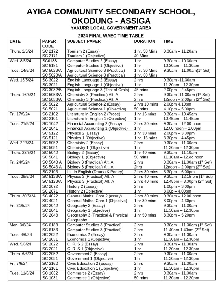 Waec Time Table 2024 - Okodung | PDF