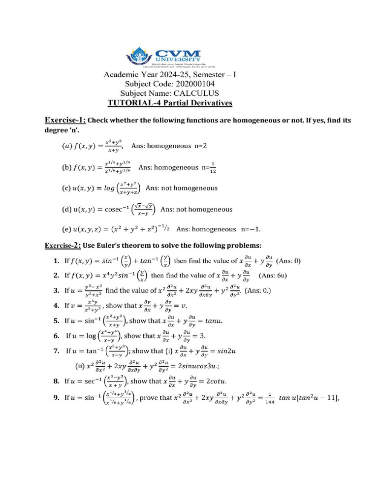 Tutorial 4 - 24-25 CALCULUS | PDF