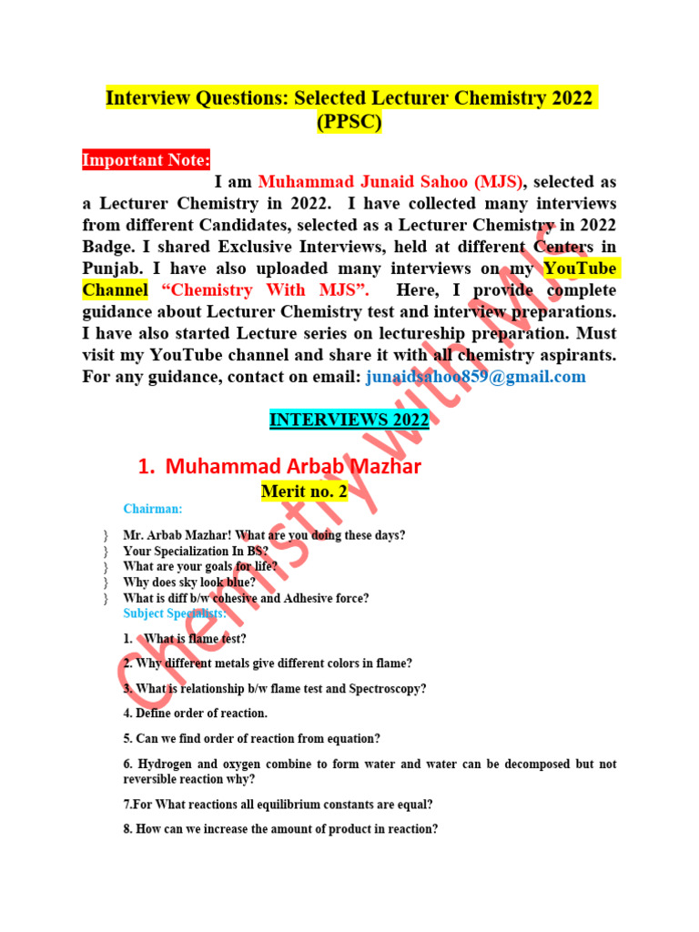 PPSC Lec CHM Interviews 2022 | PDF