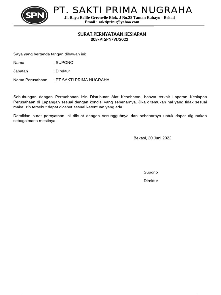 Surat Pernyataan Kesiapan | PDF