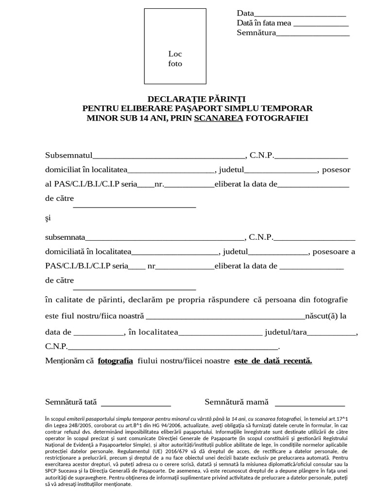 Declaratie Ambii Parinti Pentru Eliberare Pasaport Simplu Temporar ...