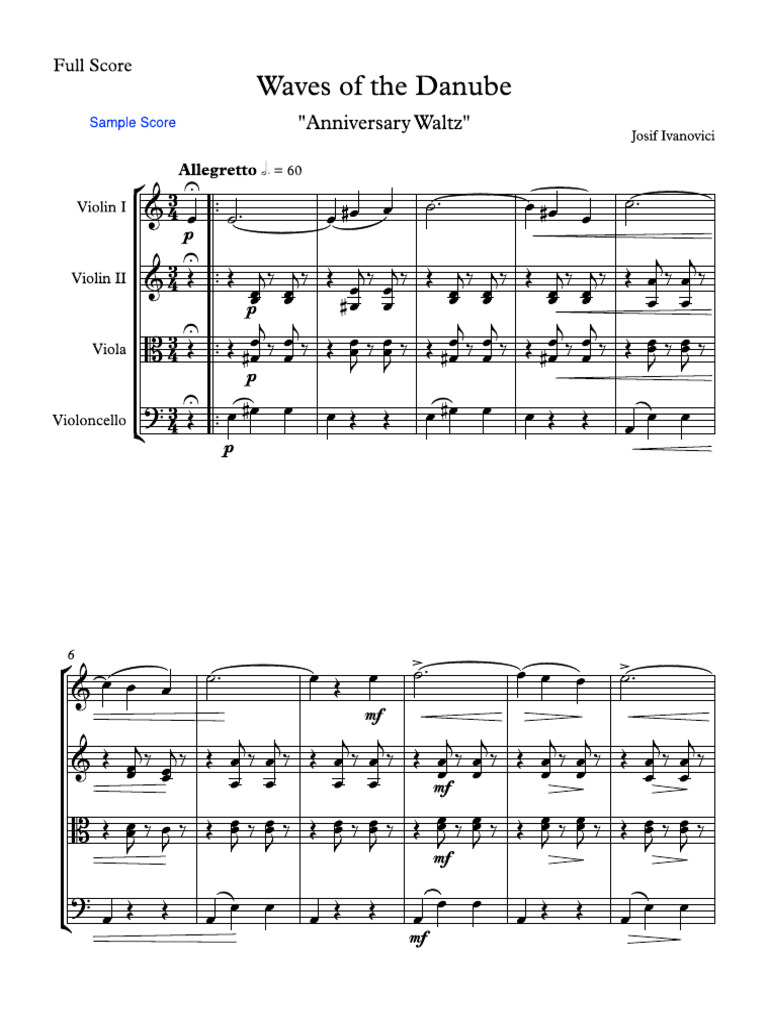 WAVES of the DANUBE Anniversary Waltz String Quartet, Intermediate Level for 2 Violins, Viola ...