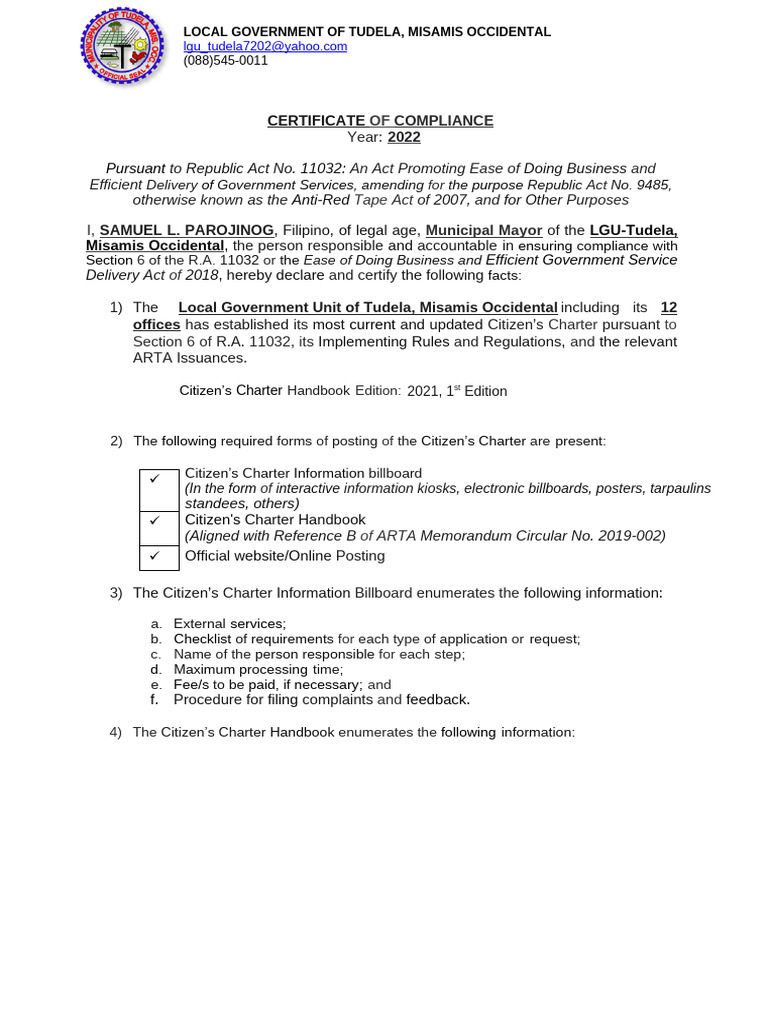 Certificate of Compliance - LGU-Tudela, Misamis Occidental | PDF ...