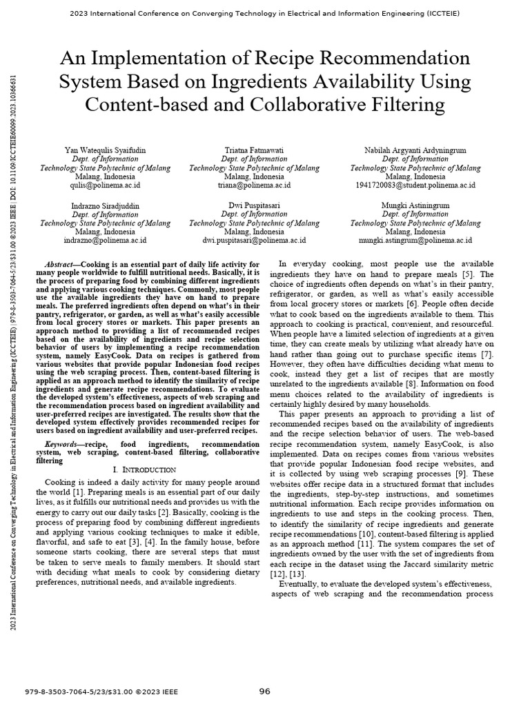 An Implementation of Recipe Recommendation System Based On Ingredients Availability Using ...