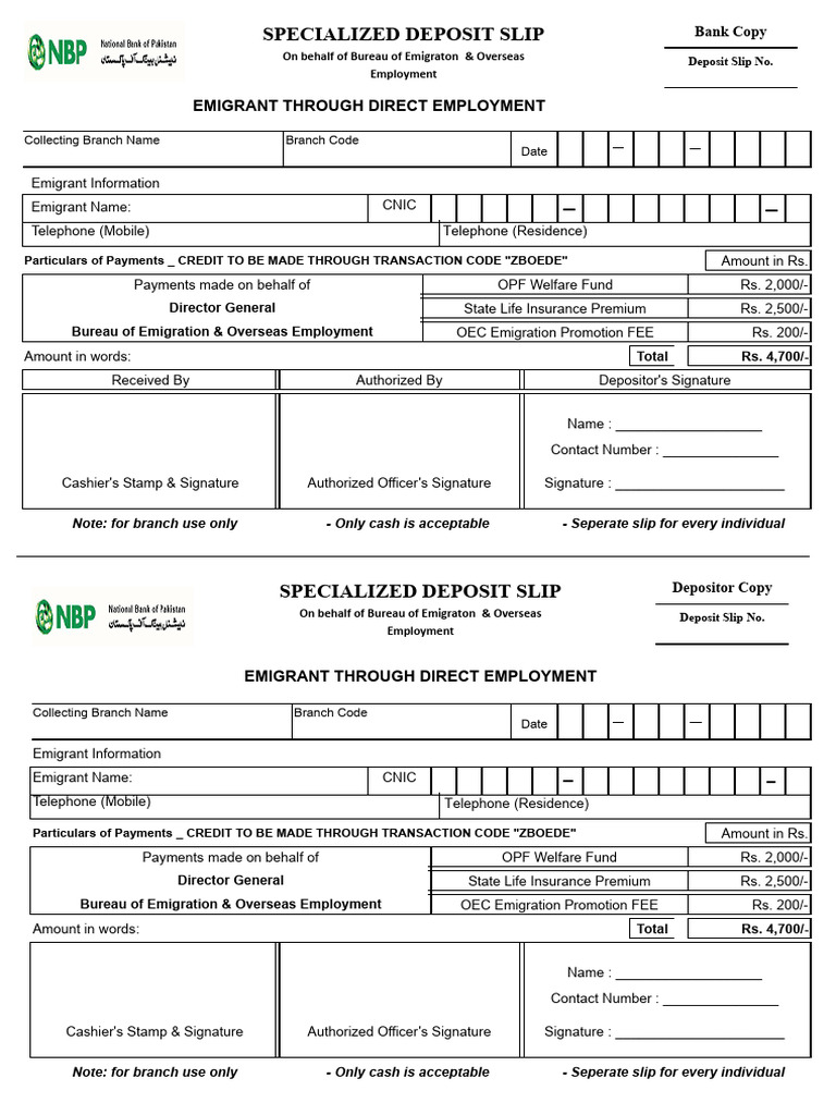 BEOE Specialized Deposit Slips For Direct Emigrant | PDF