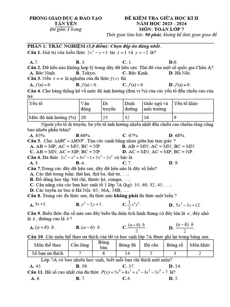De Giua Hoc Ki 2 Toan 7 Nam 2023 2024 Phong Gddt Tan Yen Bac Giang | PDF